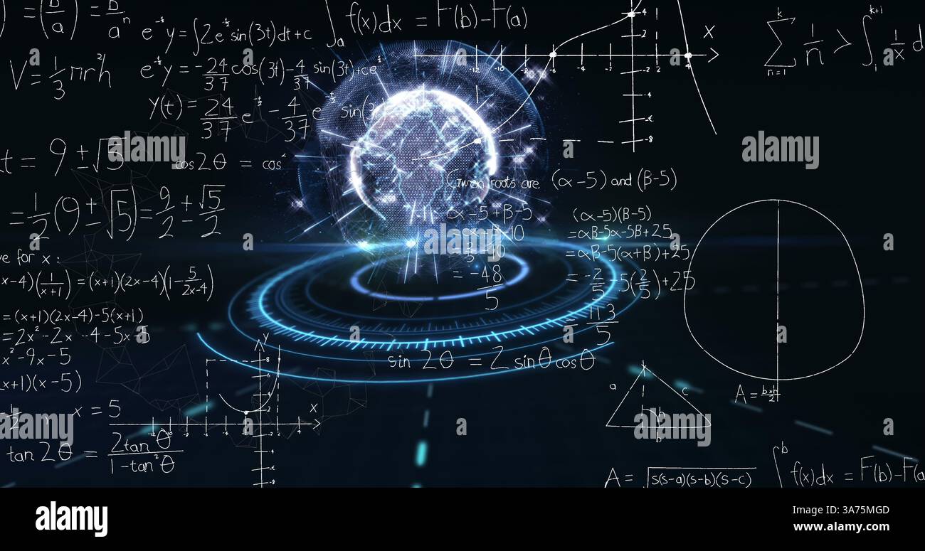 Image of mathematical equations over globe and scope scanning. global ...