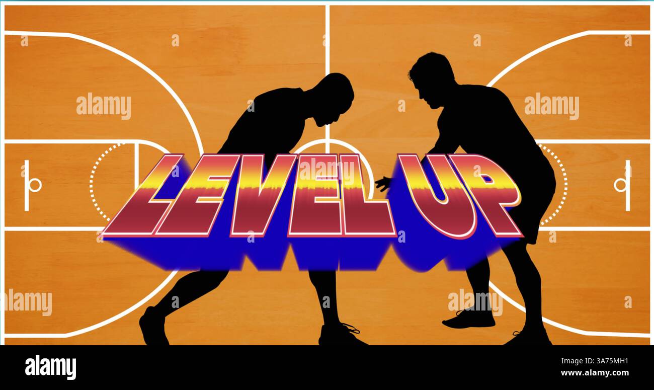 Image of multi coloured words level up over silhouetted male basketball ...