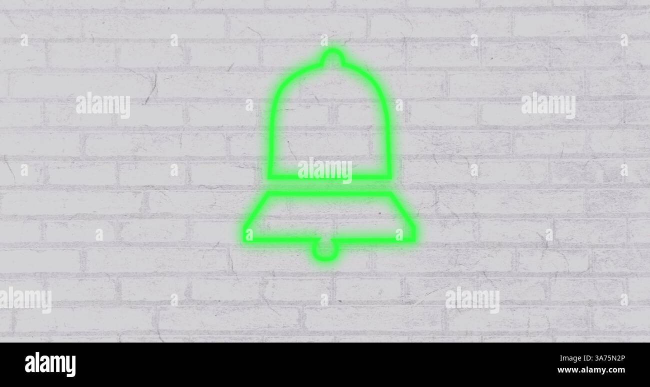 Neon green bell icon glowing against white brick wall background Stock ...