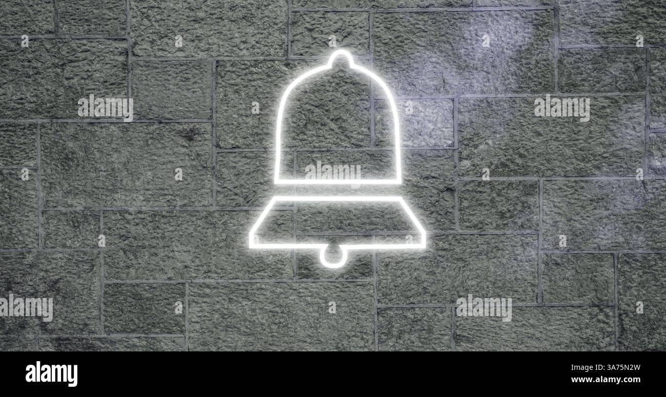 Neon bell sign glowing on textured stone wall, creating modern urban ...