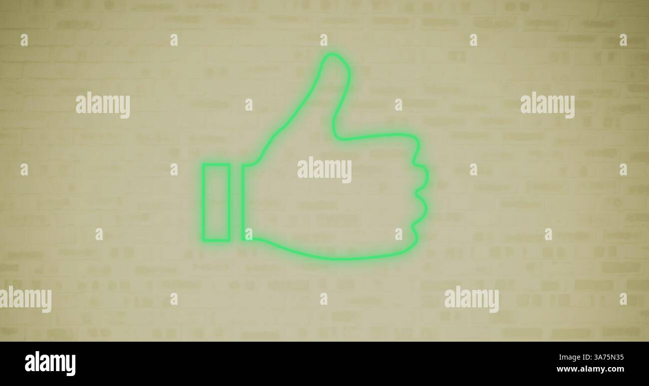 Neon green thumbs up sign glowing against brick wall background Stock ...