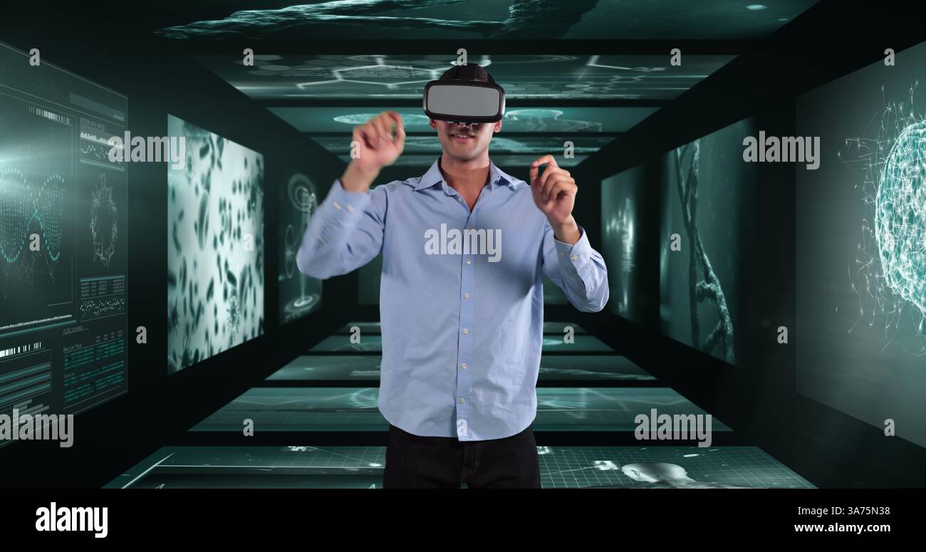 Image of businessman wearing vr headset over screens with medical data ...
