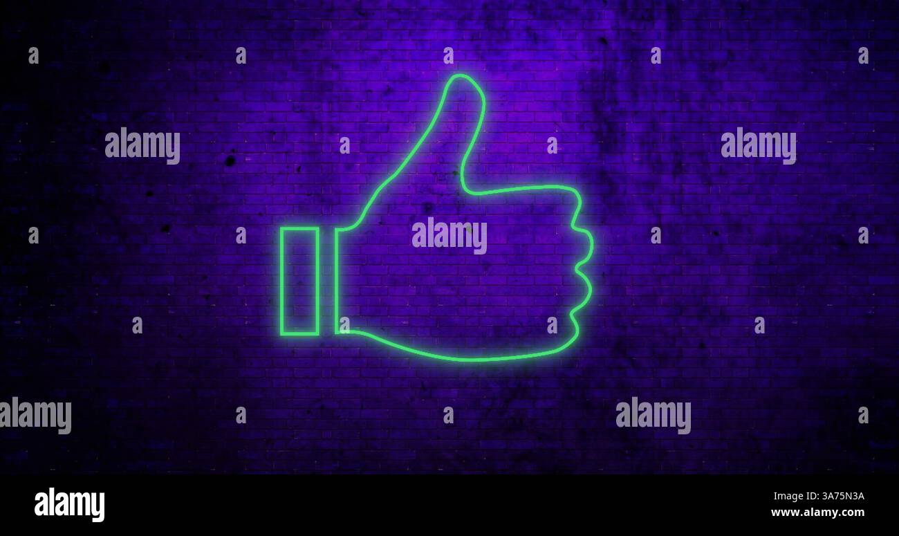 Neon green thumbs up glowing against dark brick wall, symbolizing ...