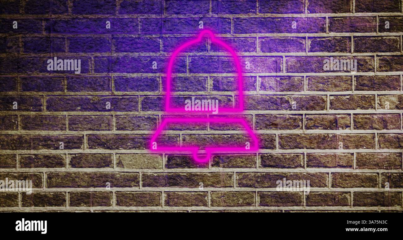 Neon bell sign glowing on brick wall, creating vibrant urban atmosphere ...