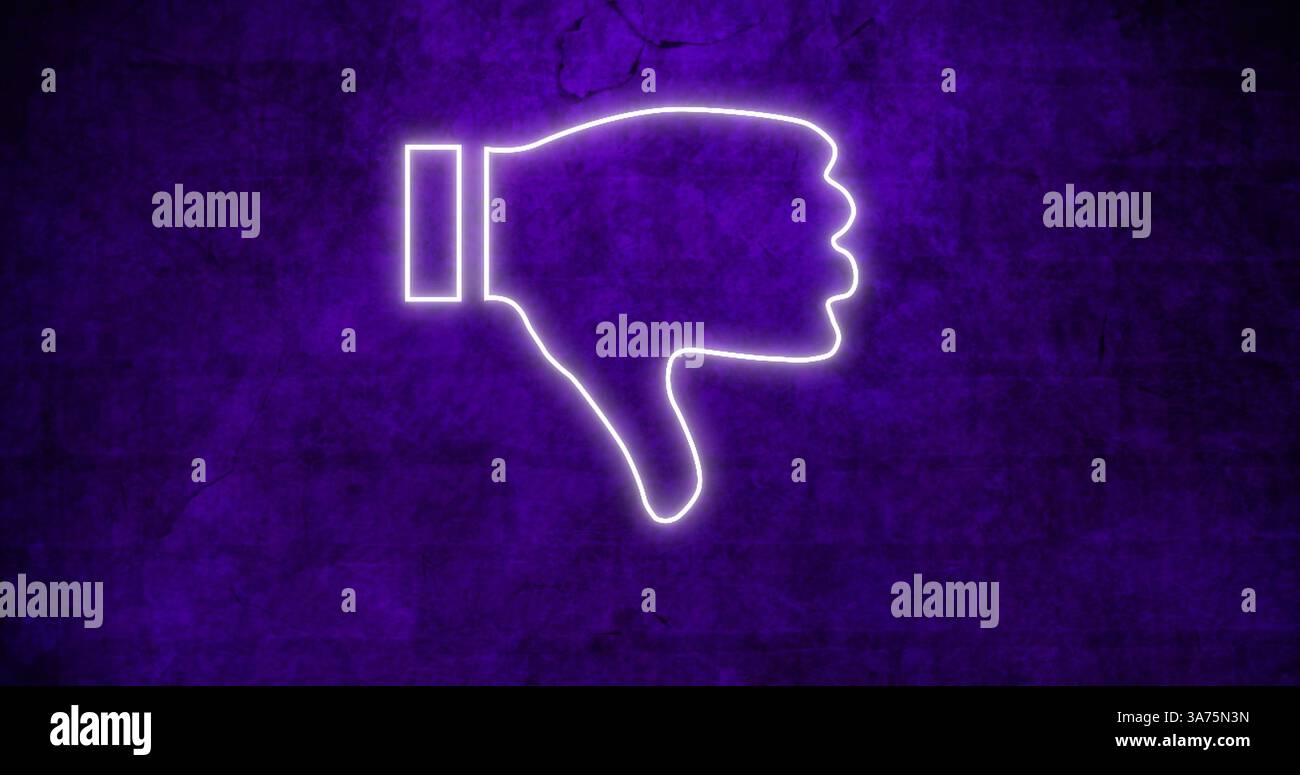 Neon thumbs down sign glowing against dark textured wall background ...