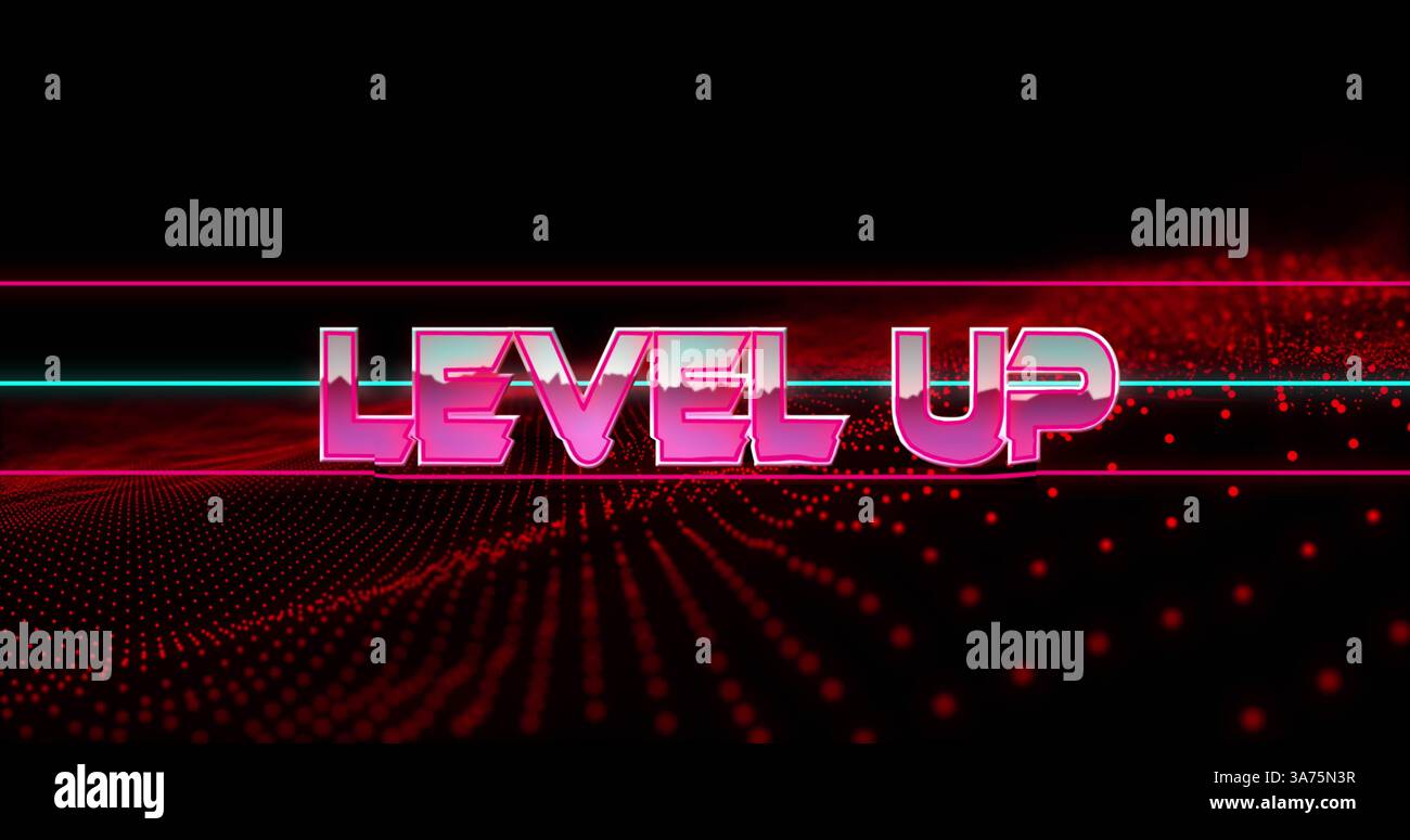 Image of level up over text in metallic pink letters with lines over ...