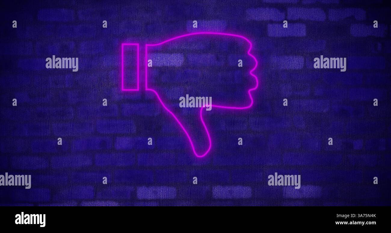 Neon pink thumbs down sign glowing against dark brick wall background ...