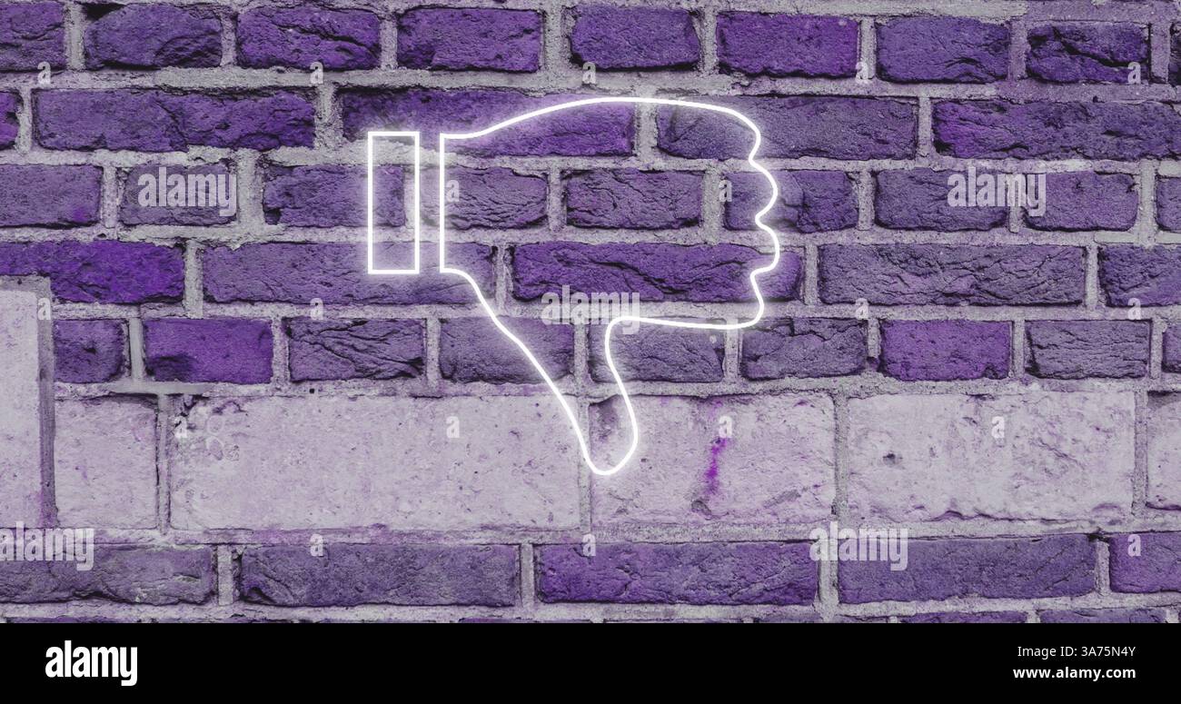 Neon thumbs down sign glowing on purple brick wall, creating urban vibe ...