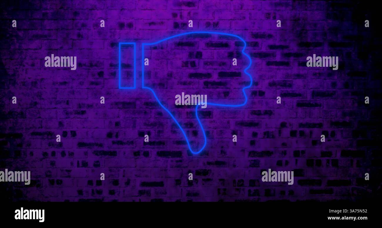 Neon thumbs down sign glowing on brick wall, creating bold statement ...