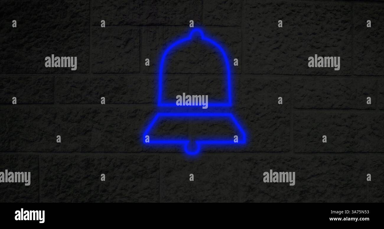 Neon blue bell icon glowing on textured brick wall at night ...