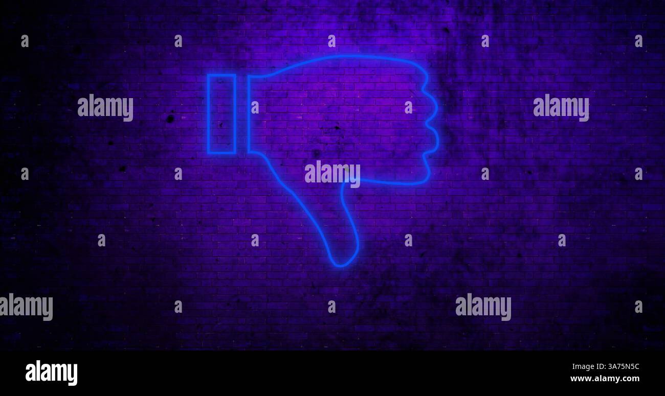 Neon blue thumbs down symbol glowing against dark brick wall background ...