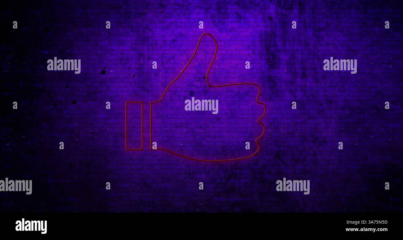 Neon thumbs-up sign glowing against vibrant purple brick wall ...