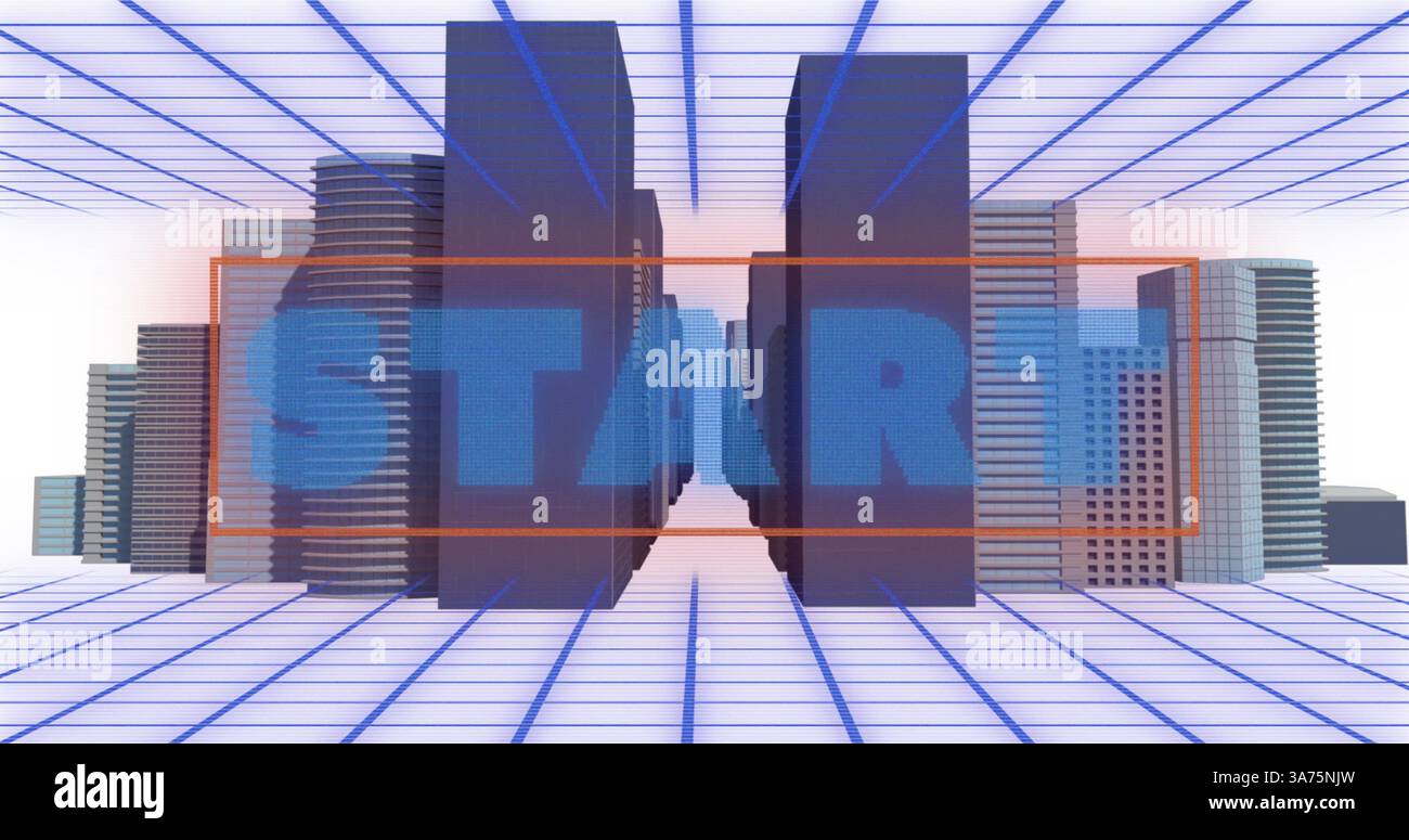 Digital image of start text over grid network against 3d city model on ...