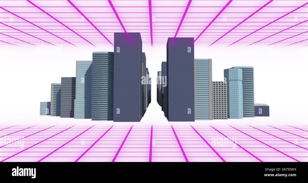 Digital image of purple grid network over 3d city model against white ...