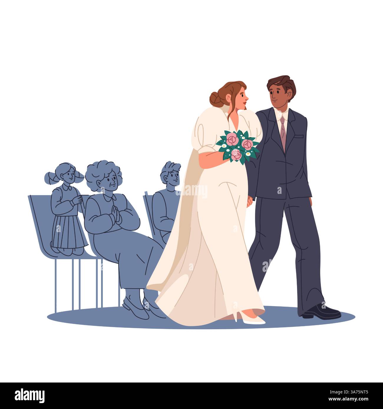 Bride and groom making altar walk at wedding ceremony. Vector romantic ...