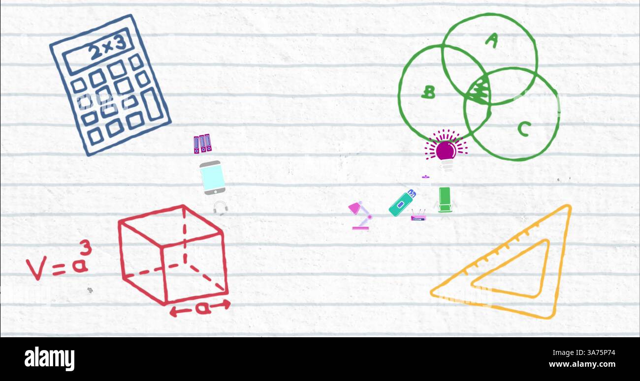 Digital image of mathematical concept icons against white lined paper ...