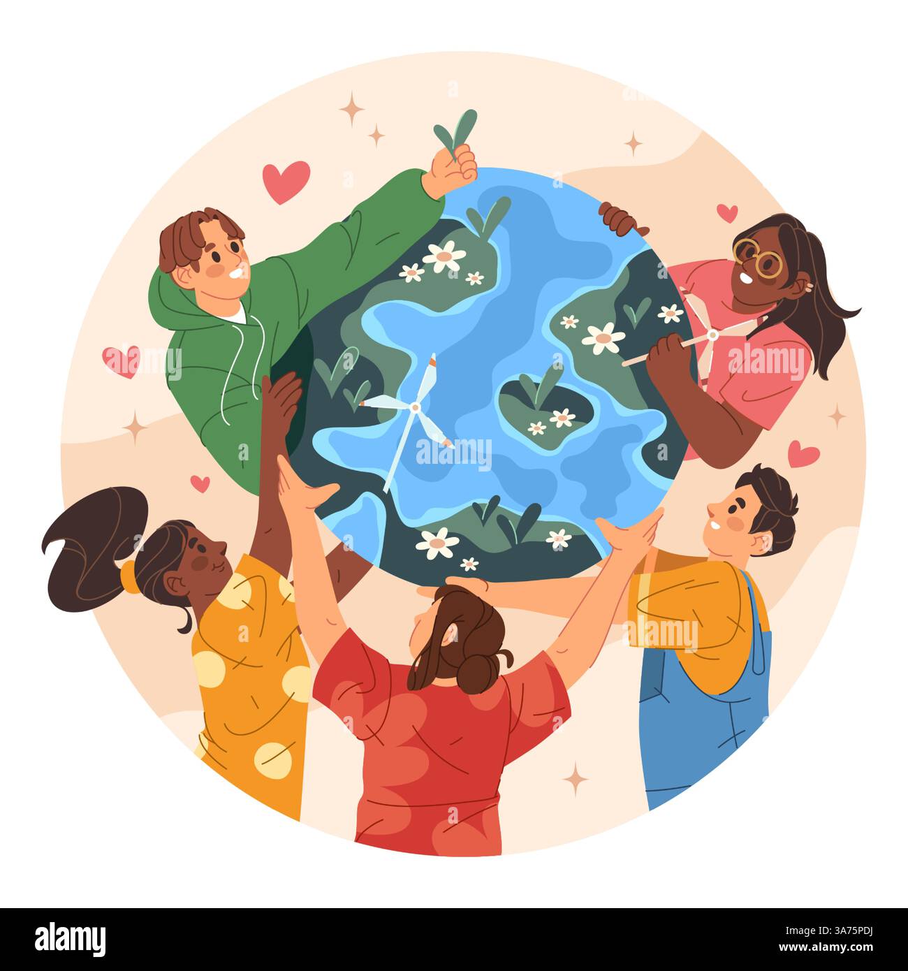 Vector eco illustration with people holding Earth. Global ...