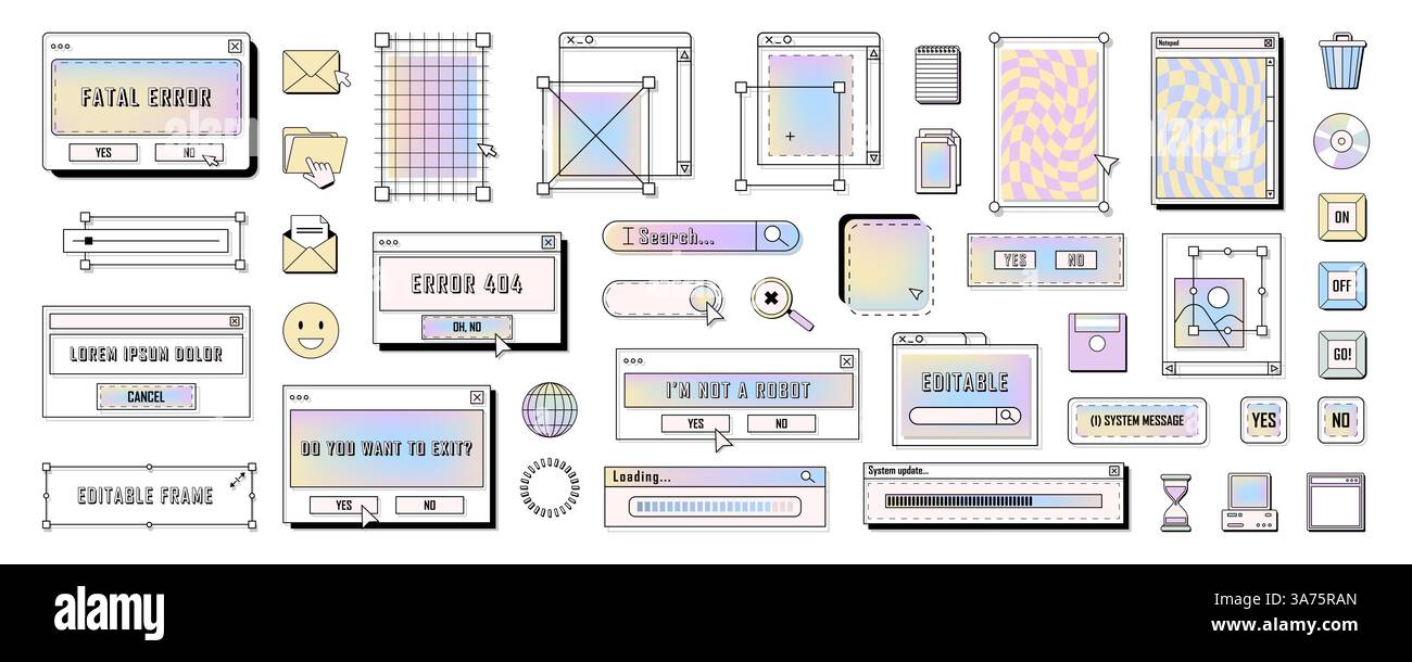 Set of retro digital desktop icons and frames. Vector pc or computer message windows and user ...