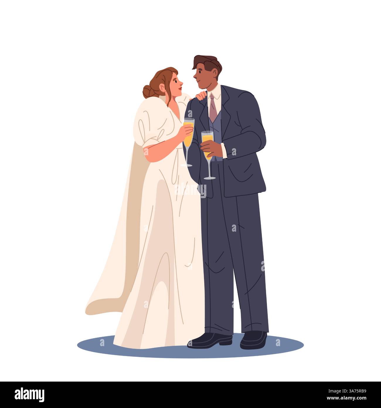 Bride and groom drink champagne. Vector toast with raising glasses from ...