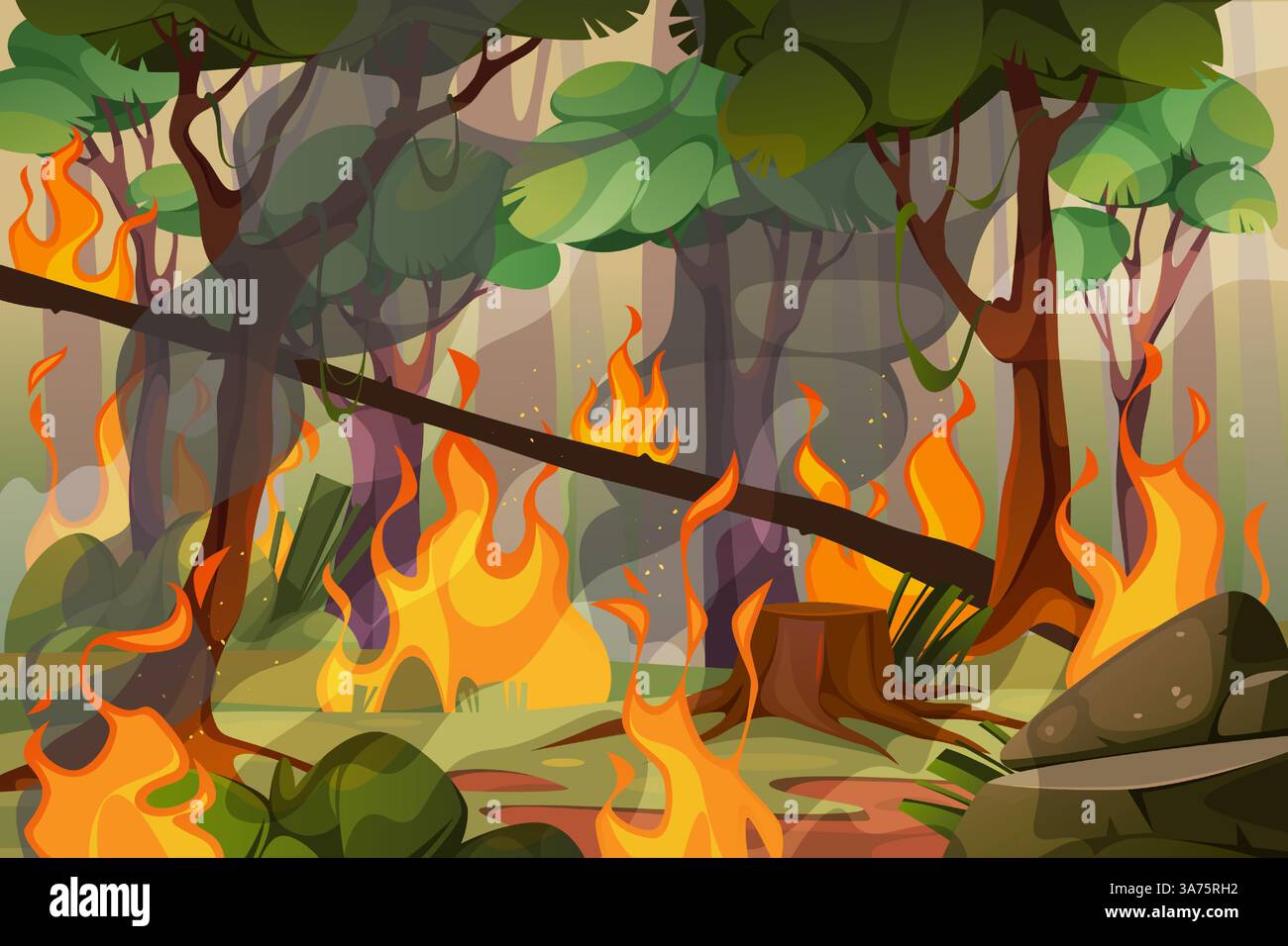Forest fire or wood combustion, trees burning. Vector symbol for ...