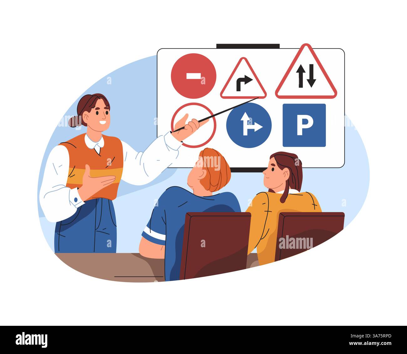 Driving lesson with instructor showing road signs on board. Vector ...