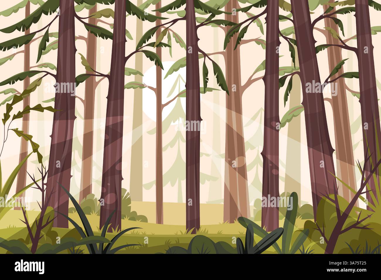 Wood or forest landscape. Vector nature outdoor scenic view. Background ...