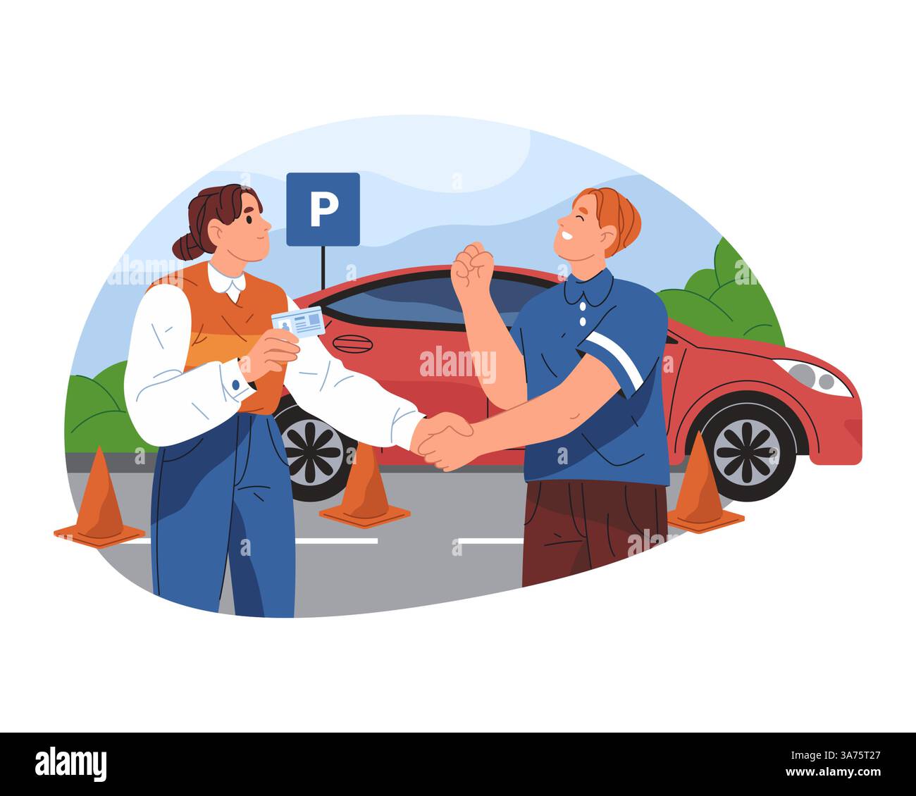 Driver receiving a driving license from instructor. Vector image ...