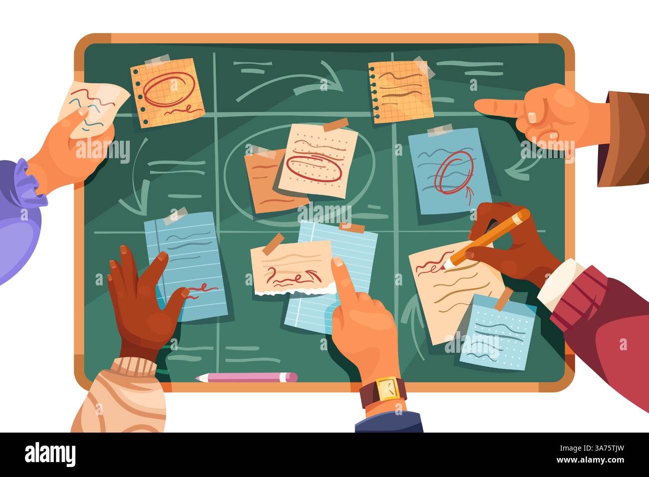 Plan board with stickers and people hands. Vector sign for team ...