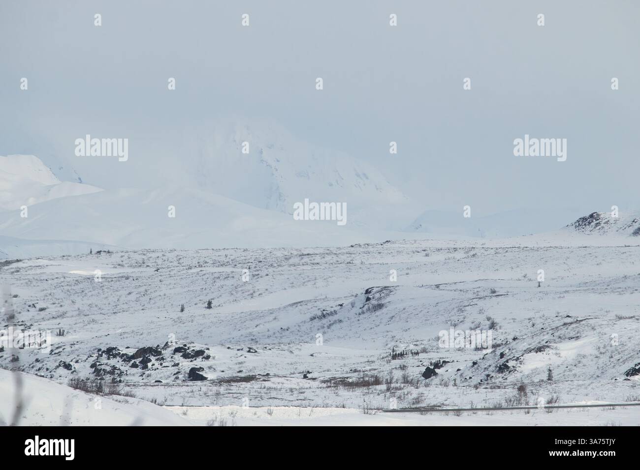 Snow and clouds covering mountain on a cold spring day on the Denali ...
