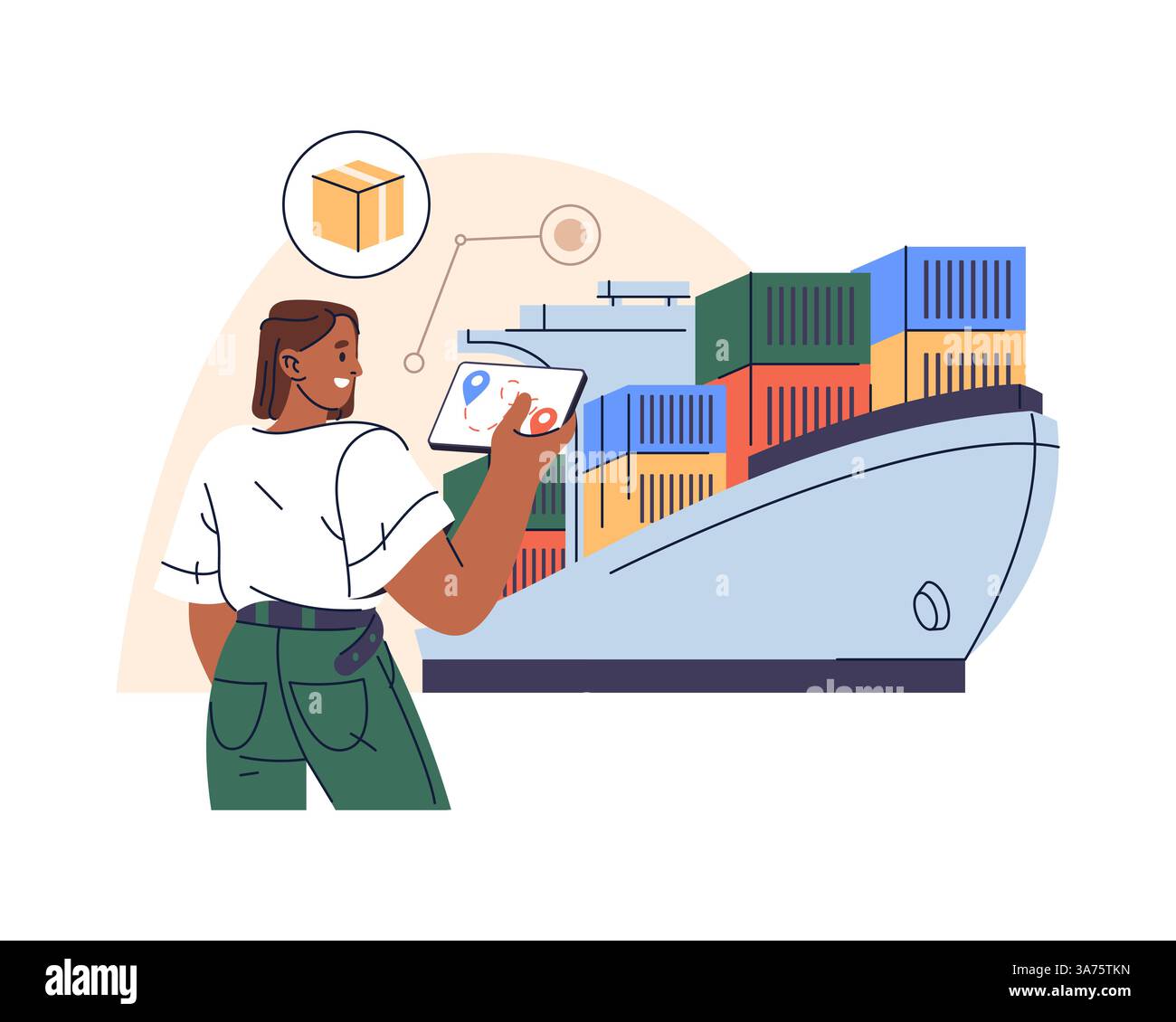 Ship with containers and woman using mobile app for parcel tracking ...