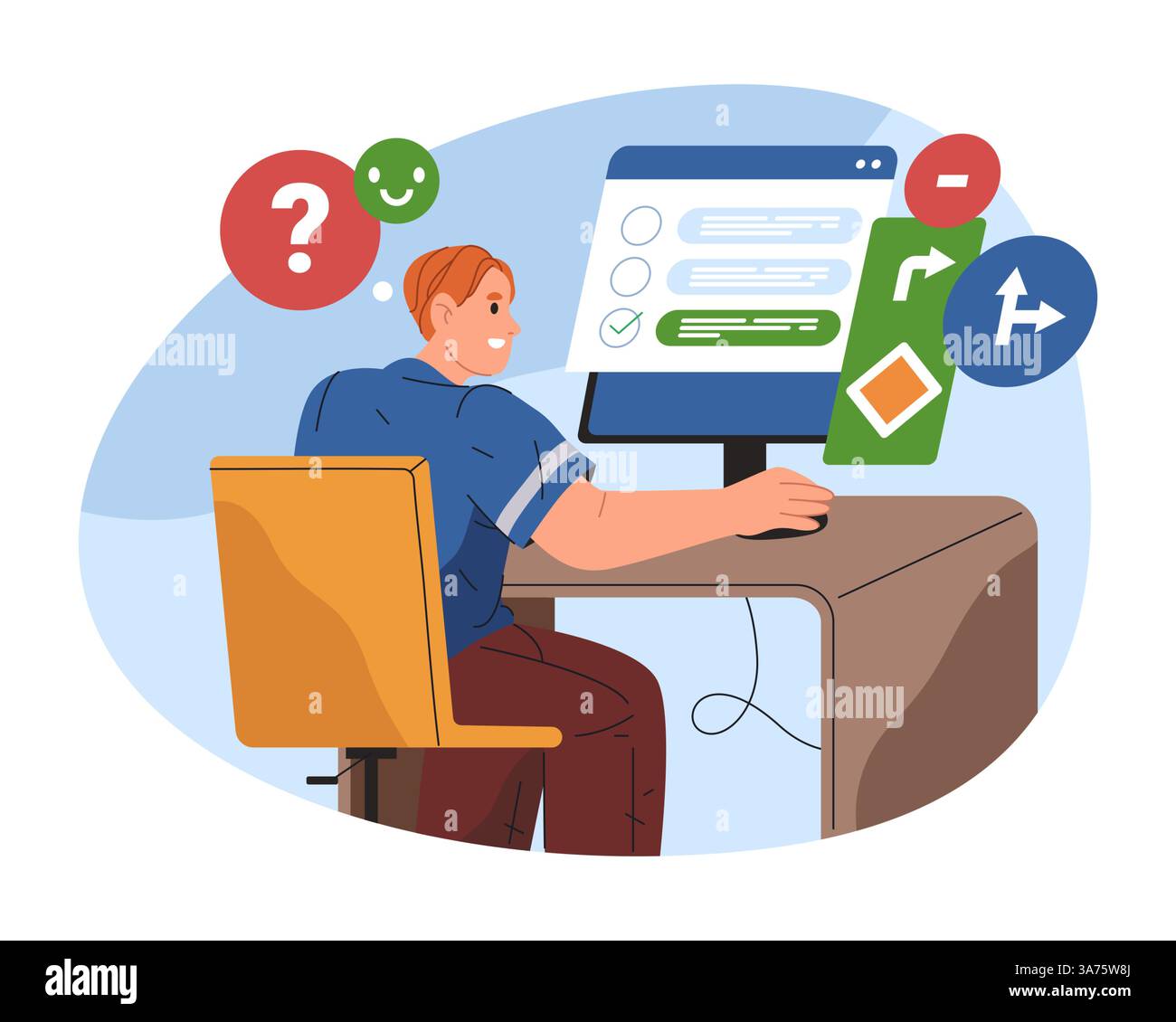 Driver taking test at classroom computer. Vector driving theory exam ...