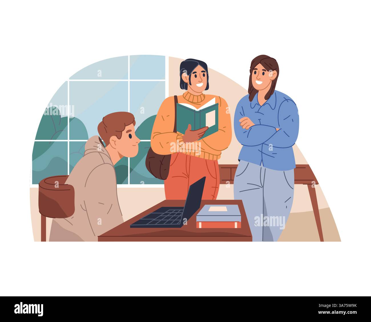 Students at lesson break hanging out and chatting. Vector illustration ...