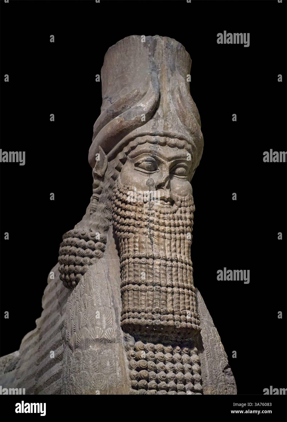 Assyrian gypsum sculpture of a human-headed winged bull. 710-705 BC Sargon II reign, Khorsabad ...
