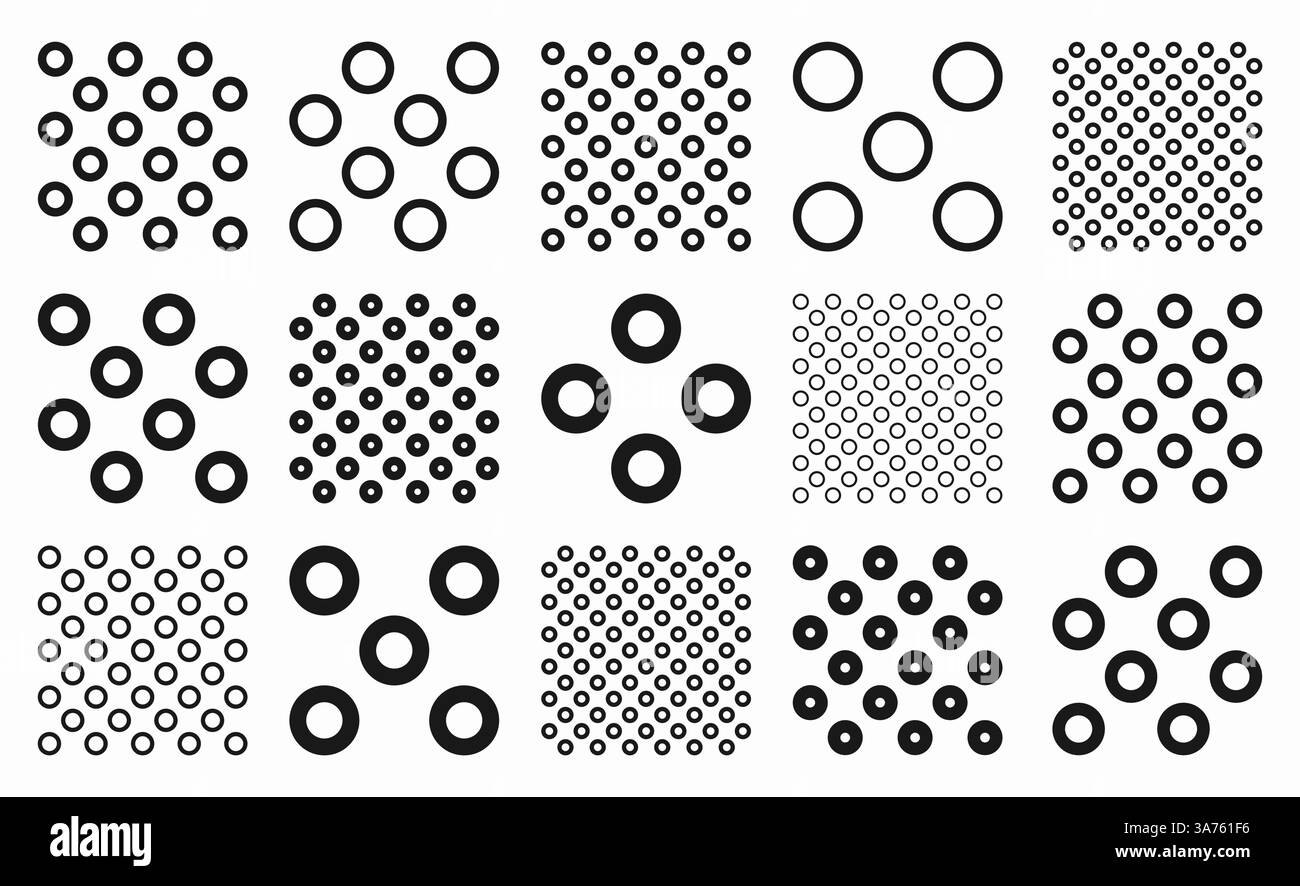 Set of seamless minimalist vector patterns featuring rings and circles ...