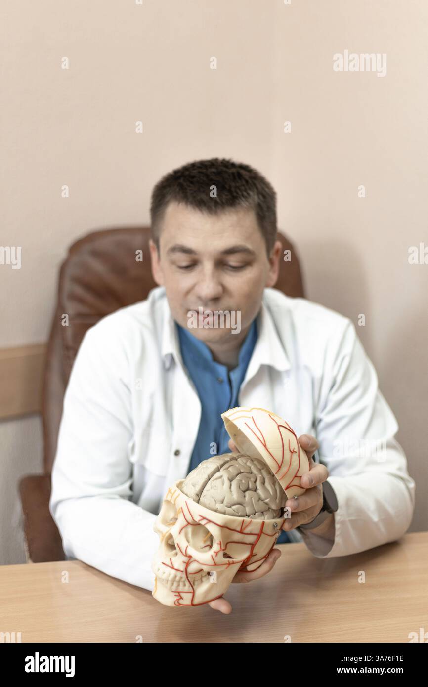 Male doctor holding and removing the cranial vault from a human brain ...