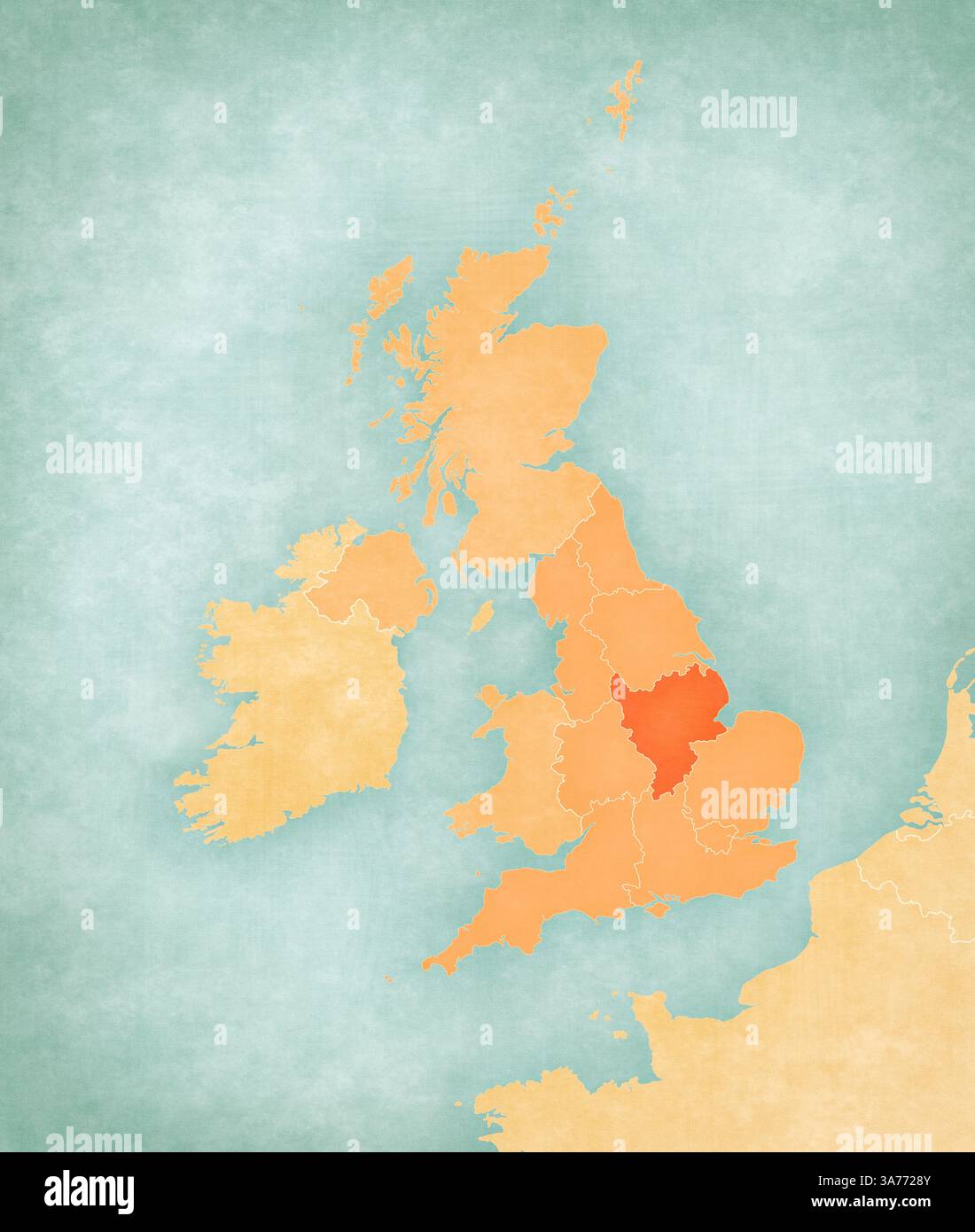 East Midlands on the map of England in soft grunge and vintage style ...
