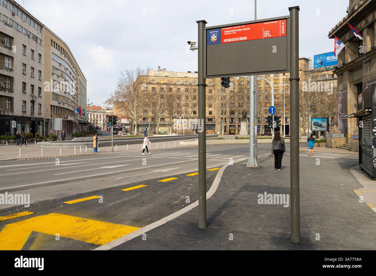 Belgrade, Serbia. March 22 2025. the sign of a bus stop in a street in ...