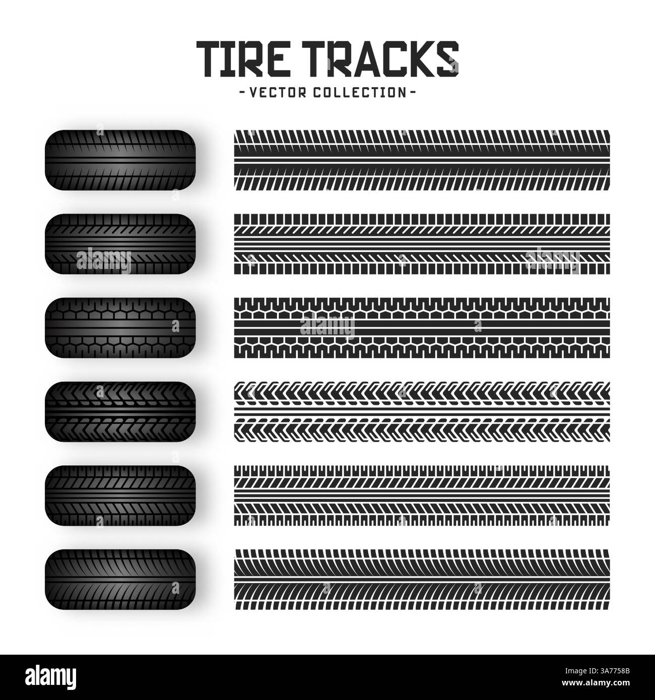 Tire tracks, rubber wheels, and braking marks. Truck, car, or ...