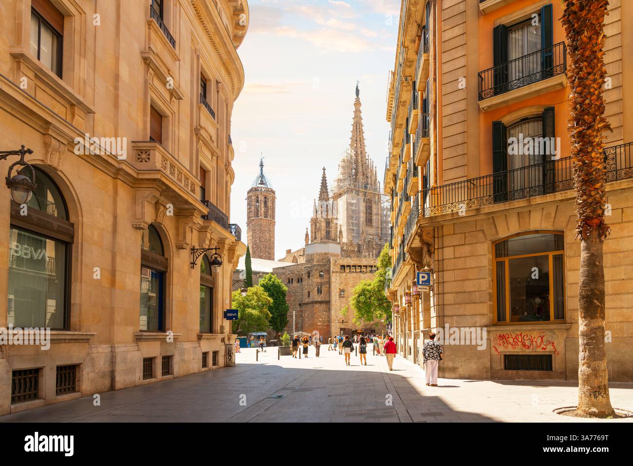 View of the tower and spires of the Gothic Barcelona Cathedral of Santa ...