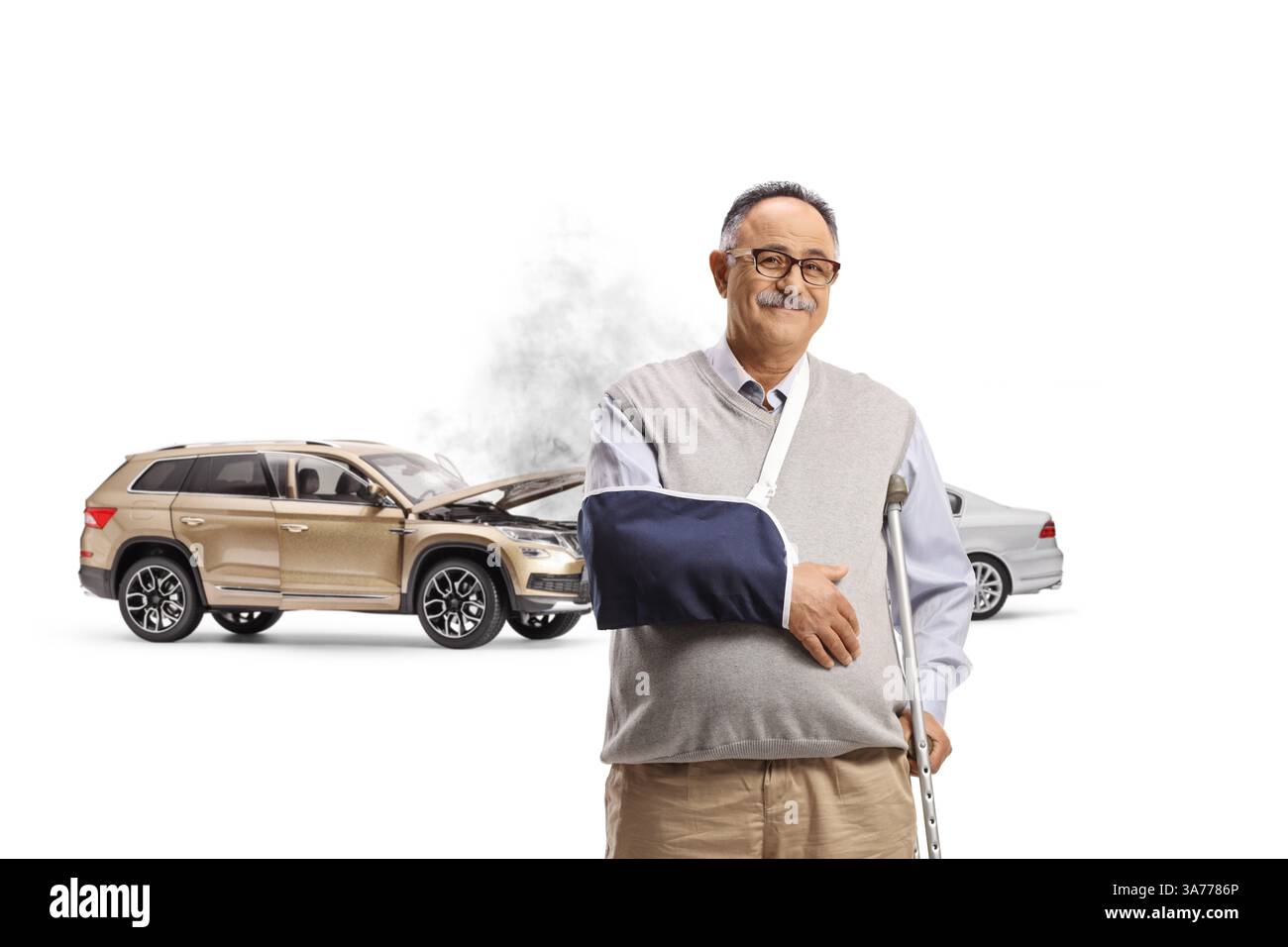 Man with car crash injuries isolated on white background Stock Photo ...