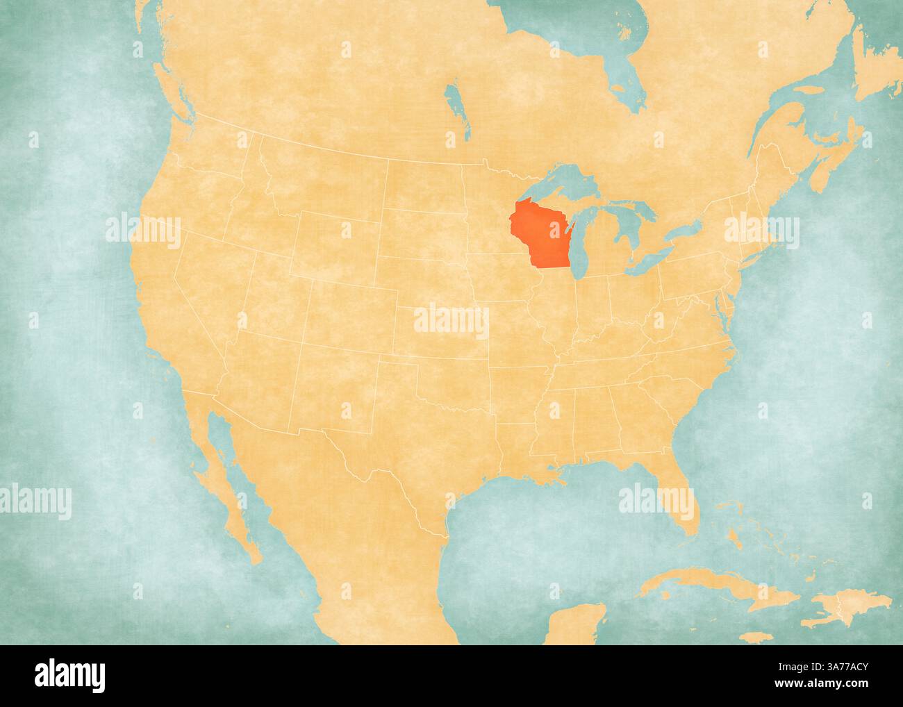 Wisconsin on the map of United States of America in soft grunge and ...