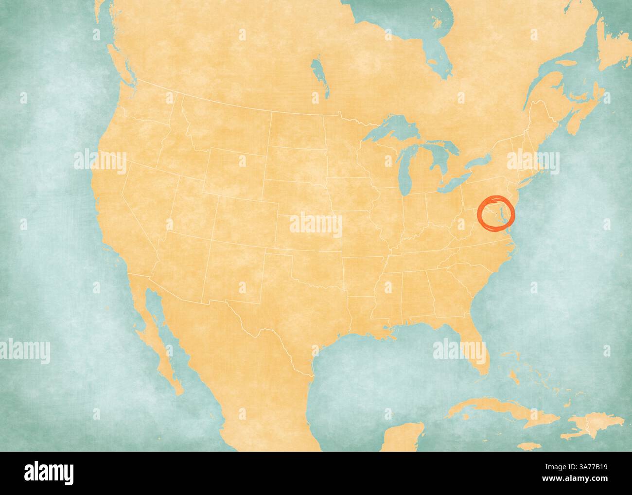 Washington D.C. on the map of United States of America in soft grunge ...