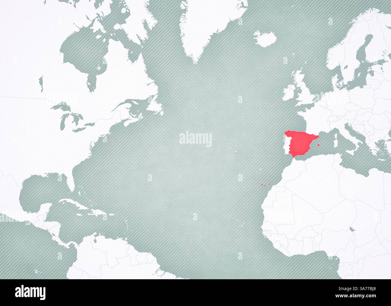 Spain on the map of North Atlantic Ocean with softly striped vintage ...