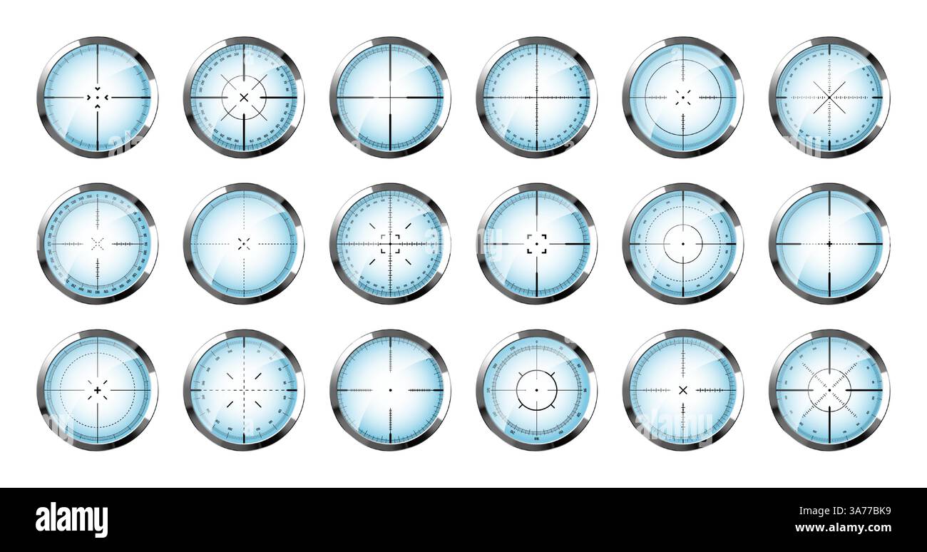 Chrome weapon sights, sniper rifle optical scopes. Hunting gun ...