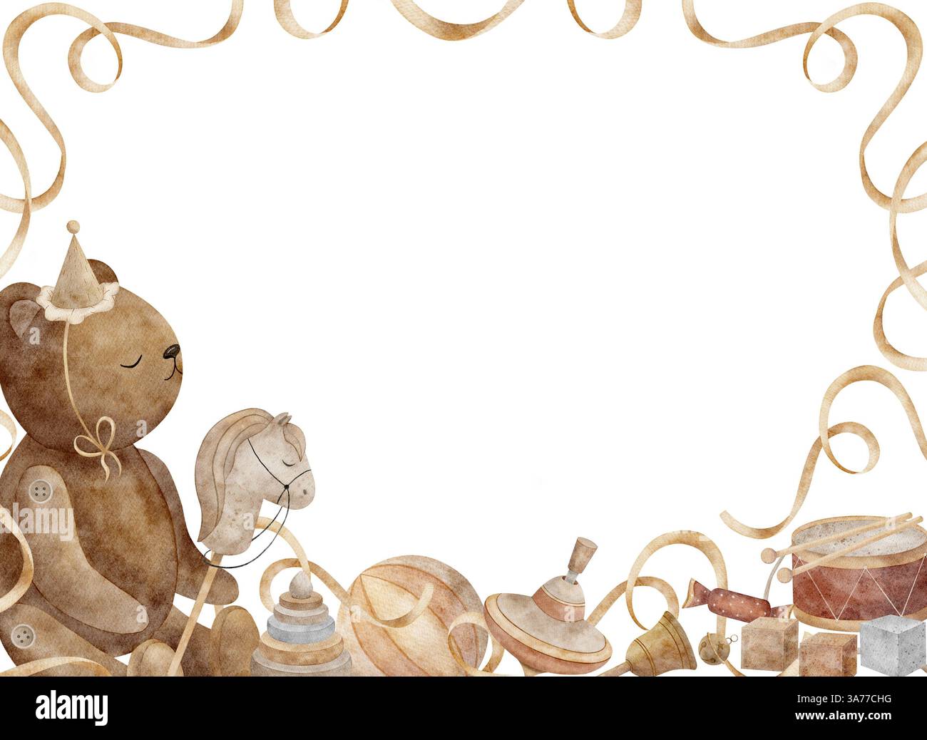 Watercolor ribbon frame, teddy bear with vintage toys, horse, drum ...