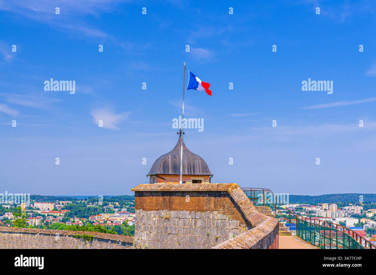 National Flag of France on Guard tower watchtower of defensive stone ...