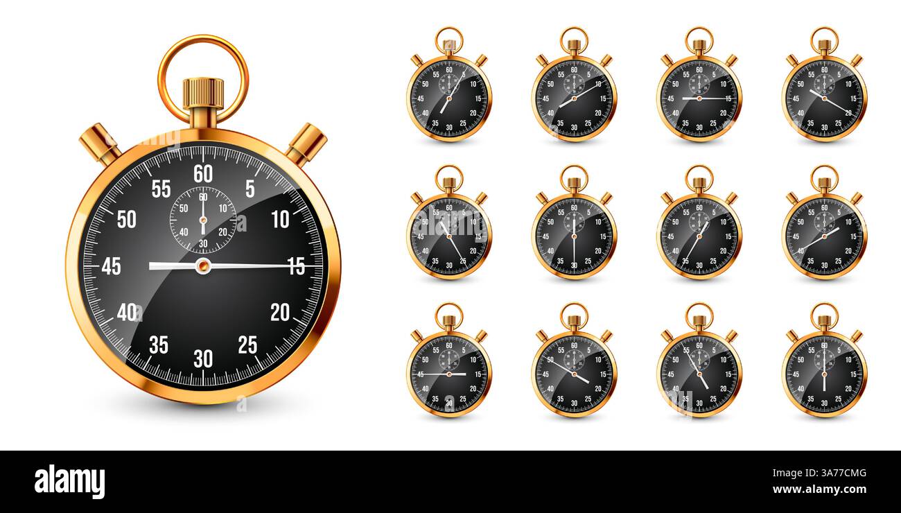 Realistic classic stopwatch. Shiny golden metal chronometer, time ...