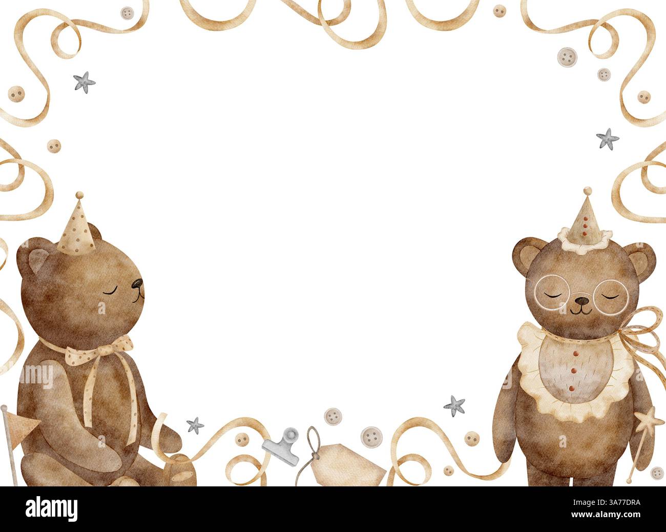 Watercolor retro frame made of ribbons, teddy bear, buttons, label ...