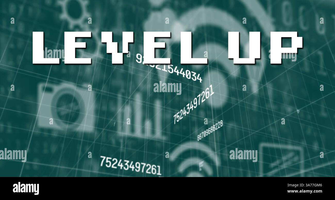 Image of level up text over grid with icons and data processing Stock ...