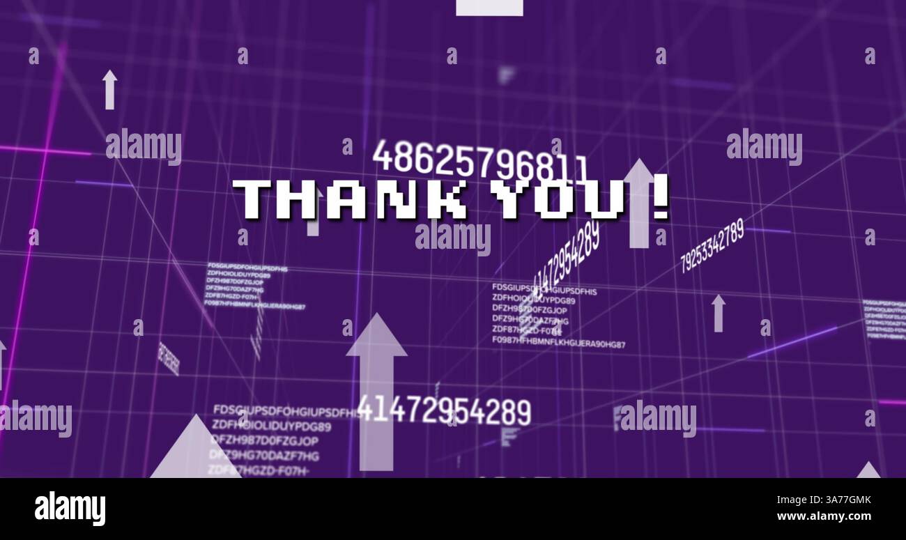 Image of thank you text and arrows over grid and data processing Stock ...